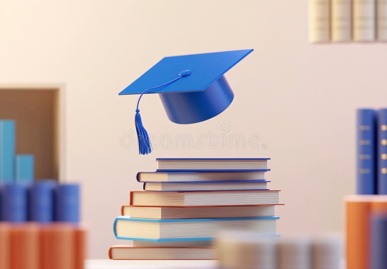 Graduation Cap Flying Over Books Stack Stock Illustration ...