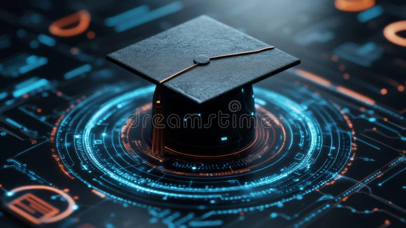 Graduation Cap on Futuristic Digital Interface Stock Photo - Image of ...
