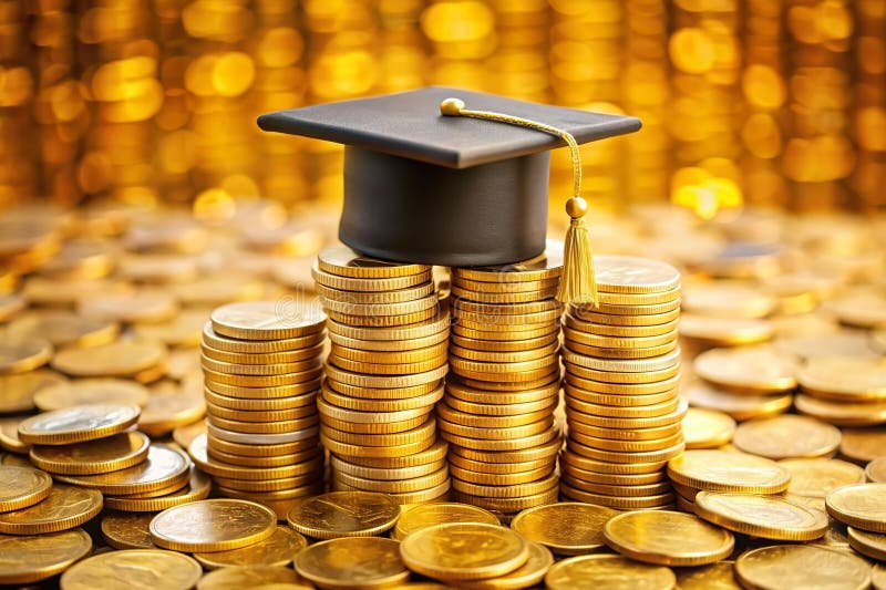 Graduation Cap and Gold Coins Stack. Education Cost Concept Stock Photo ...
