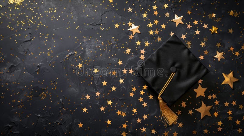Graduation Cap and Gold Stars on Black Background Stock Photo - Image ...