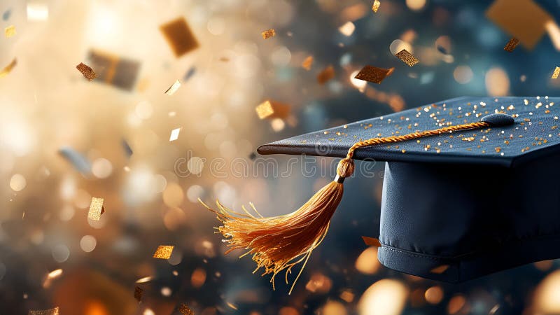 Graduation Cap with Golden Tassel and Confetti Celebration Background ...