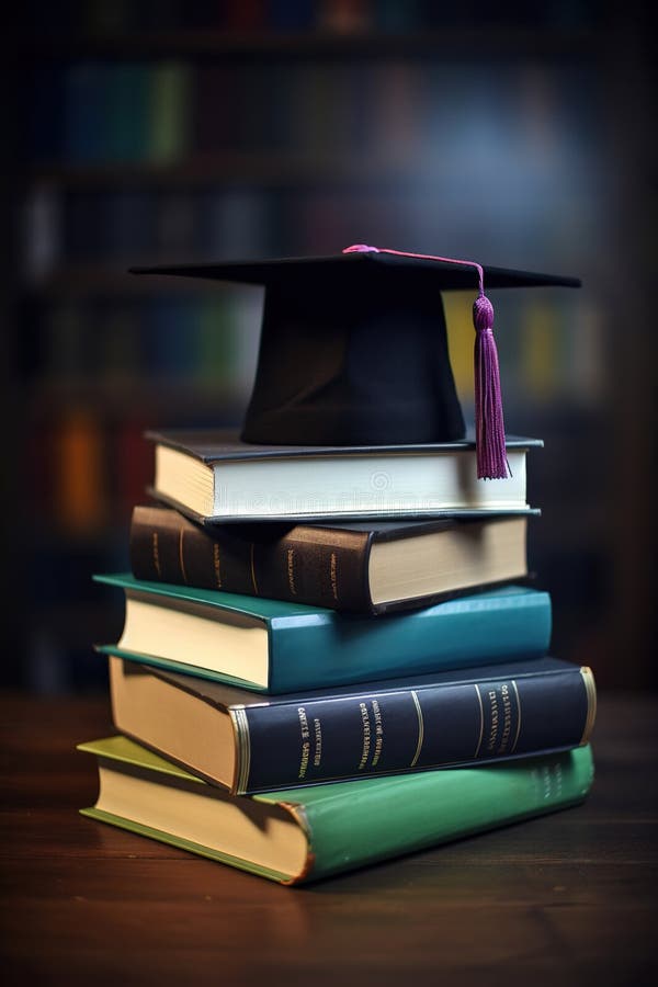 Graduation Cap and Gown at the Top of Tall Textbooks Stack, the Symbol ...