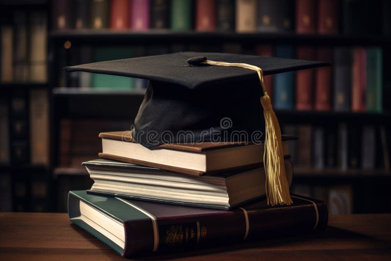 Graduation Cap and Gown at the Top of Tall Textbooks Stack, the Symbol ...