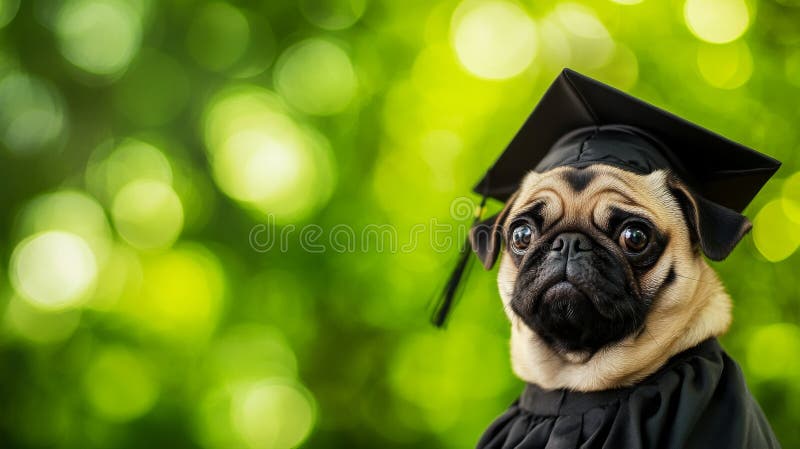 Graduation Cap and Gown Worn by a Pug Dog with a Blurred Background ...