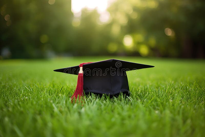 Graduation Cap on Green Grass. Education Concept Stock Illustration ...