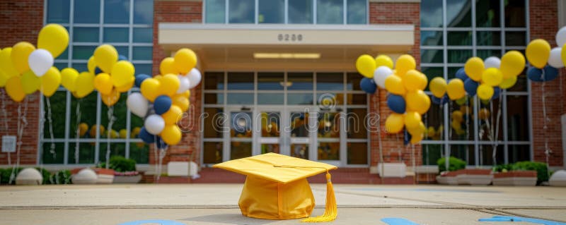 Graduation Cap on the Ground in Front of Building Decorated with Yellow ...