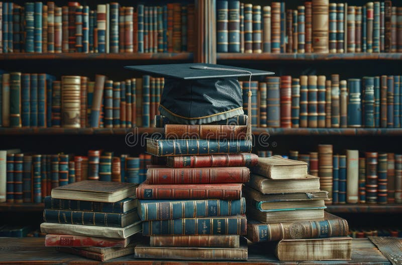 A Graduation Cap is Grouped with Books Next To a Bookshelf Stock Image ...