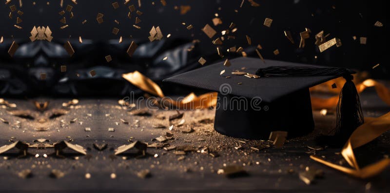 Graduation Cap Hat with Exploding Falling Glitter Confetti. Dark Black ...