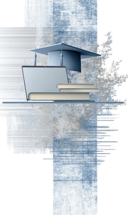 A Graduation Cap Hovers Above Stacked Books in a Creative Blue and ...