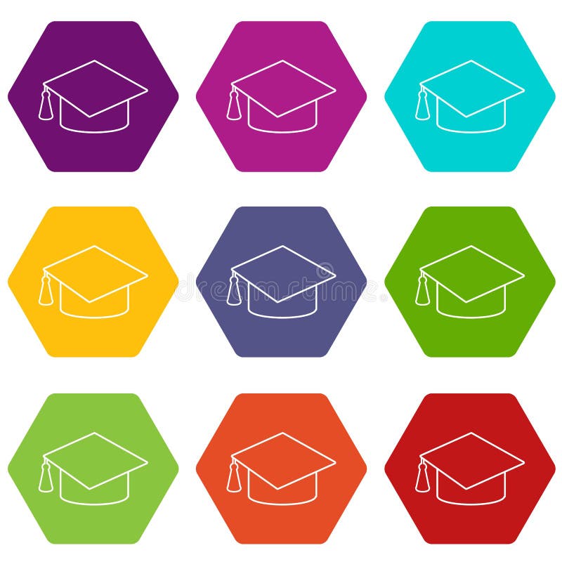 Graduation Hat Icons Set, Outline Style Stock Vector - Illustration of ...