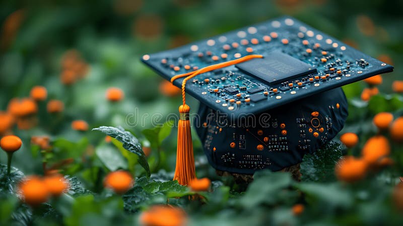 A Graduation Cap Made of a Circuit Board Sits in a Field of Orange ...