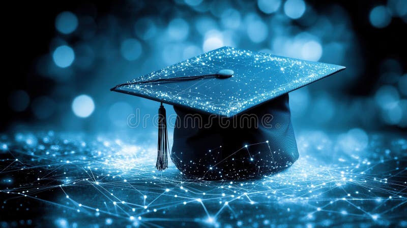 Graduation Cap Made of Glowing Digital Lines and Dots Above a Network ...