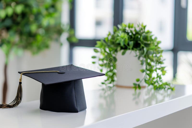 Graduation Cap Next To a Plant on a Bright, White Desk Stock Image ...