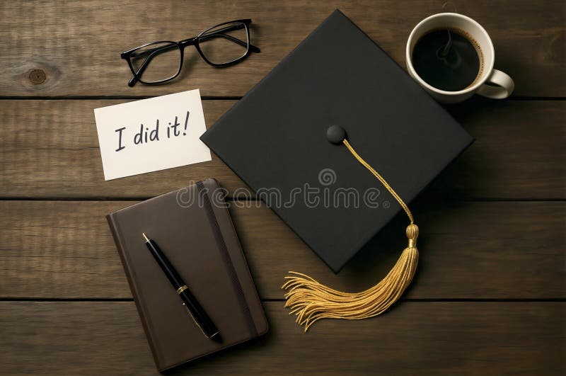Graduation Cap, Notebook, Coffee, Glasses and "I Did it" Card on Rustic ...