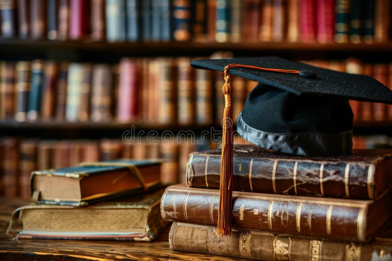 Graduation Cap on Old, Leather-bound Books in a Classic Library Setting ...
