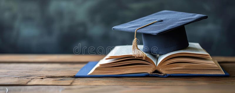 Graduation Cap on an Open Book on a Wooden Table, Education Concept ...