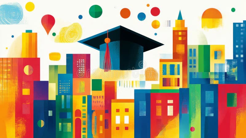 Graduation Cap Over Colorful Cityscape Abstract Art Stock Illustration ...