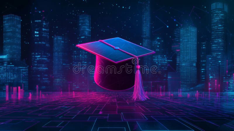 Graduation Cap Over Futuristic Cityscape at Night Stock Illustration ...
