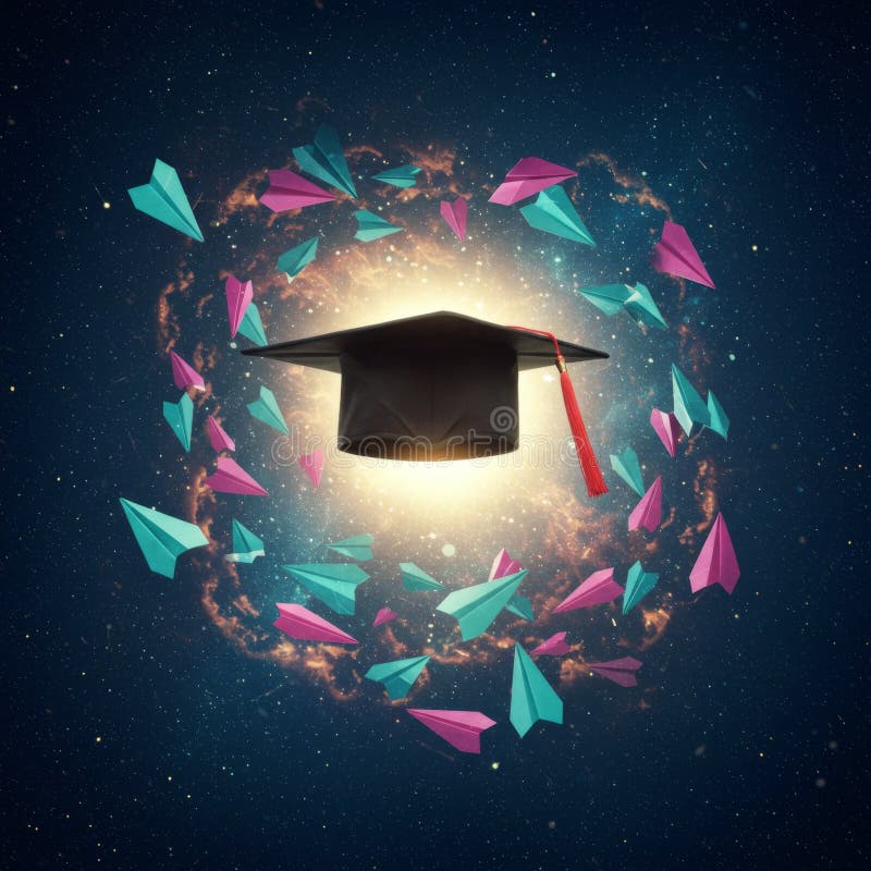 Graduation Cap and Paper Airplanes in Space Stock Illustration ...