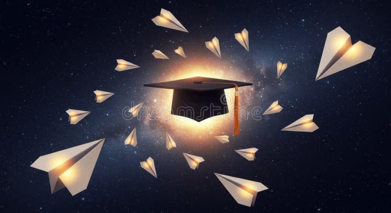 Graduation Cap and Paper Airplanes in Space Stock Illustration ...