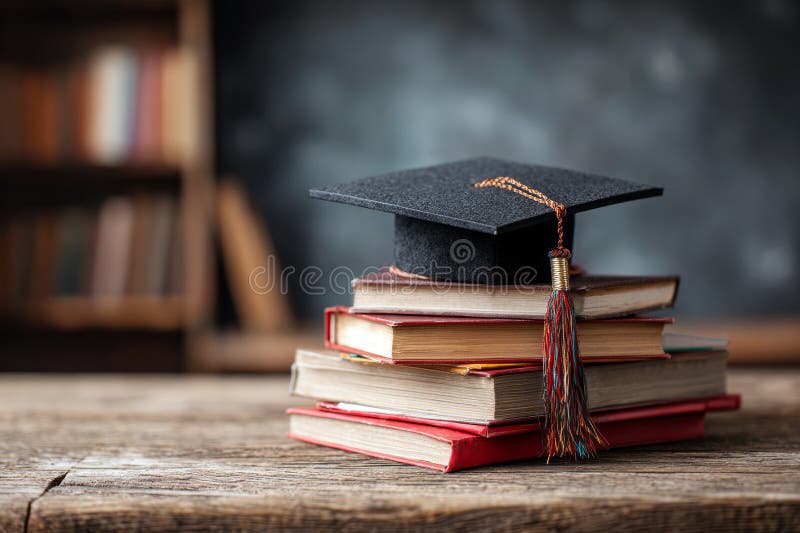 Graduation Cap Perched Over a Stack of Books. Stock Photo - Image of ...