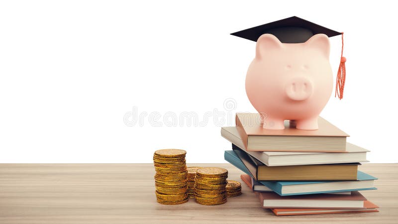 Graduation Cap with Piggy Bank on Books and Coins Stack. 3D Render ...