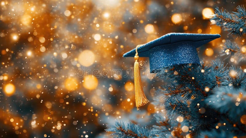 Graduation Cap on Pine Branch with Festive Bokeh Background Stock Image ...