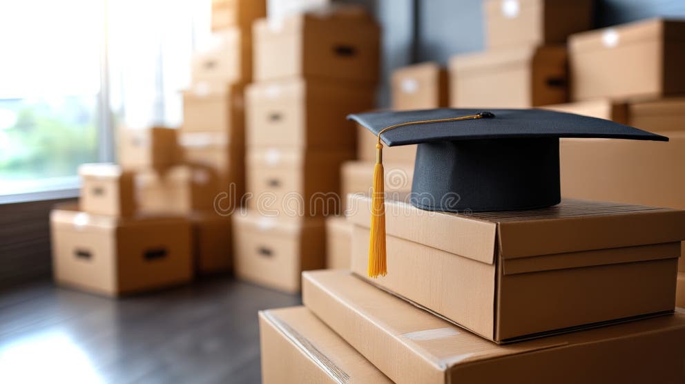Graduation Cap Placed Atop a Stack of Moving Boxes in a Spacious Room ...