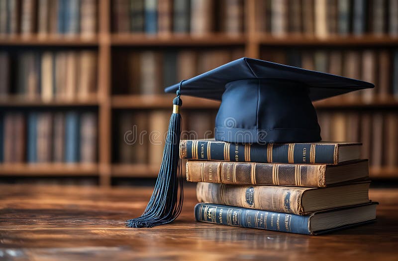 Graduation Cap Placed Atop a Stack of Vintage Books Inside Library ...