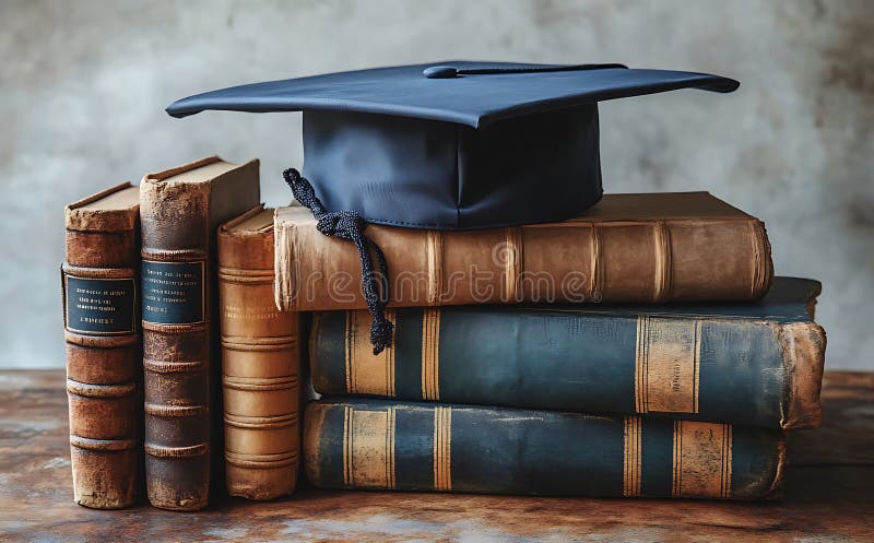 Graduation Cap Placed on Stack of Antique Books Education Achievement ...
