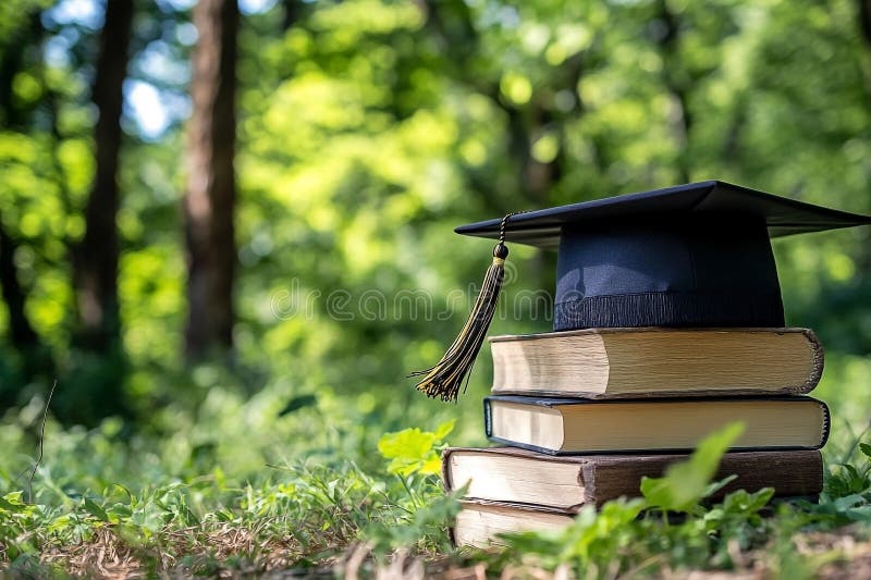 Graduation Cap Placed on a Stack of Books, Against a Blurred Forest ...