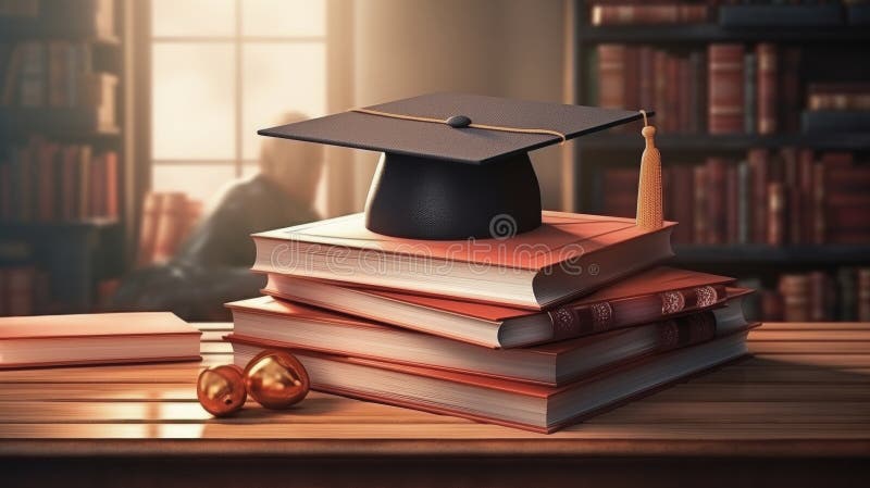 Graduation Cap Placed Stack Books Bright Library Setting Stock Photos ...