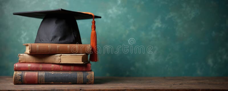 Graduation Cap Placed on Stack of Old Books. Symbolizes Higher ...