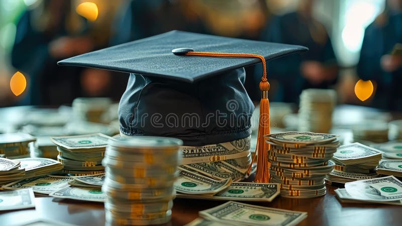 Graduation Cap Placed on a Stack of US Dollar Bills, Representing ...