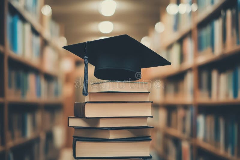 Graduation Cap Rests Atop a Stack of Books in a Library Setting Filled ...