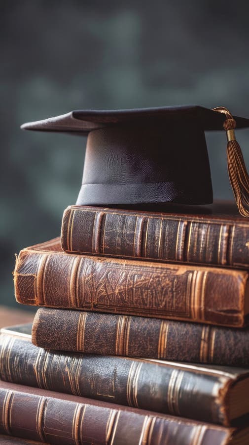 Graduation Cap Placed on Top of a Stack of Vintage Books, Academic ...