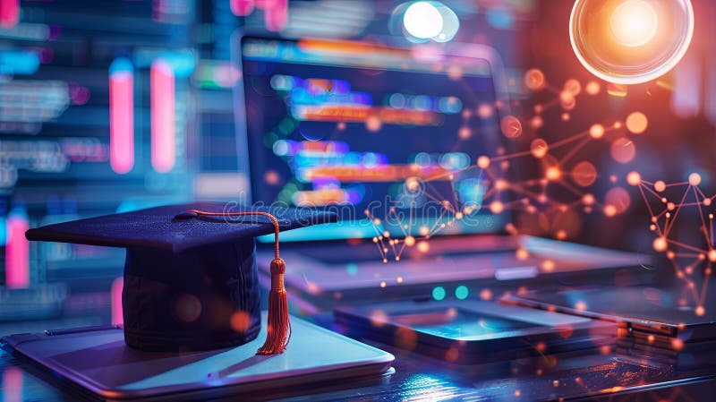 A Graduation Cap is Positioned on Top of a Laptop Computer, Symbolizing ...