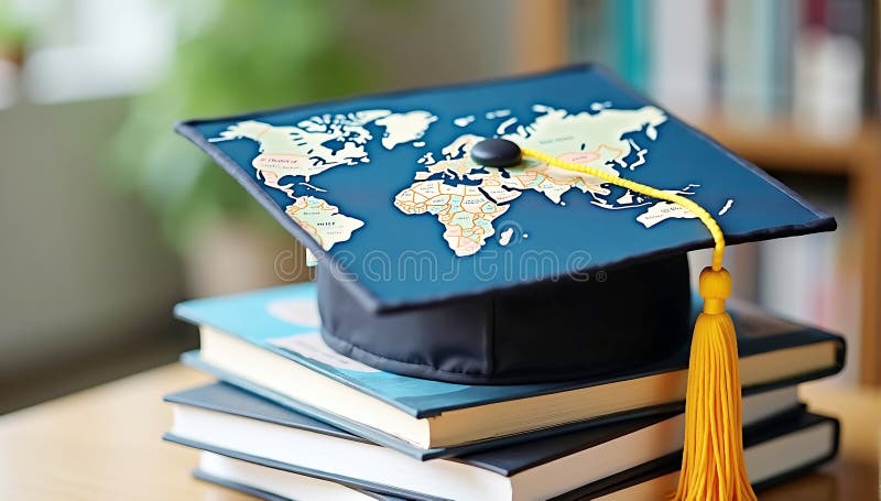 A Graduation Cap with a Printed World Map Design on Its Top, Placed on ...