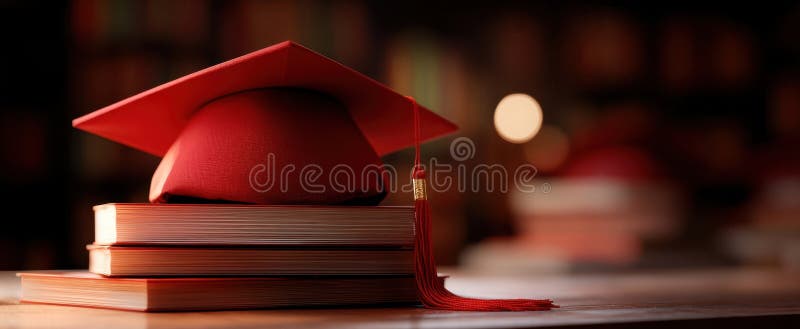 The Graduation Cap Resting Atop a Stack of Books in a Library Setting ...