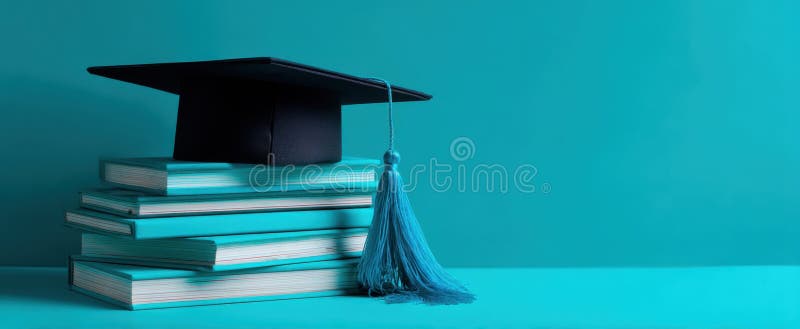 The Graduation Cap Resting Atop a Stack of Vibrant Teal Books.AI ...