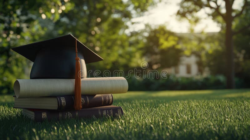 Graduation Cap Resting on Books Amid Grass, Symbolizing Scholarly ...