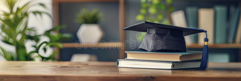 Graduation Cap Resting on Books, Evoking Academic Success and the ...