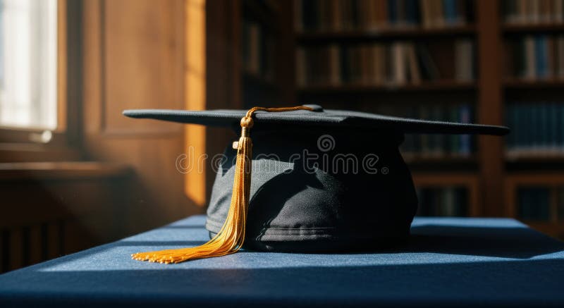 Graduation Cap Resting in Library with Books and Sunlight Stock ...
