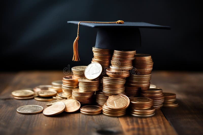 Graduation Cap Resting on a Pile of Coins, AI Stock Illustration ...
