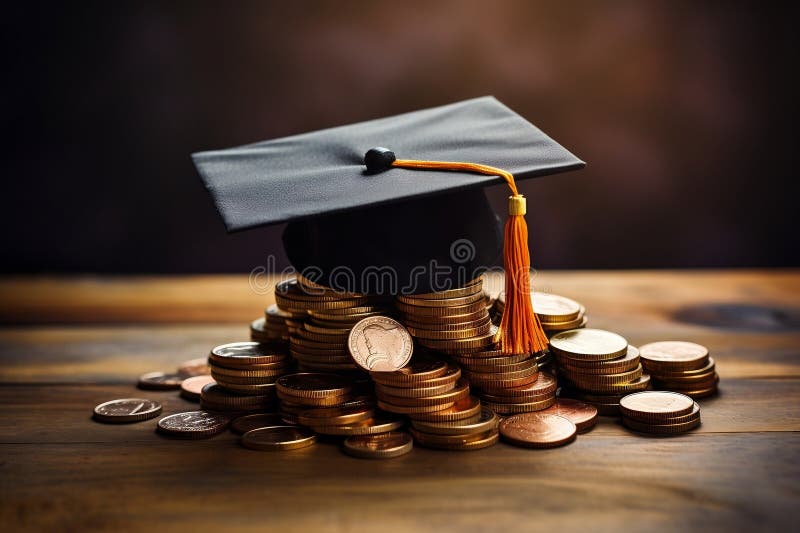 Graduation Cap Resting on a Pile of Coins, AI Stock Illustration ...
