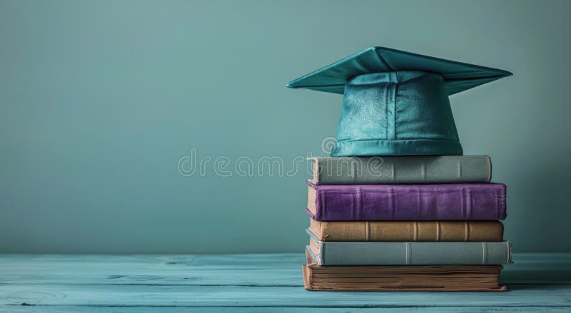 Graduation Cap Resting on Stack of Books Against Pink and Blue ...