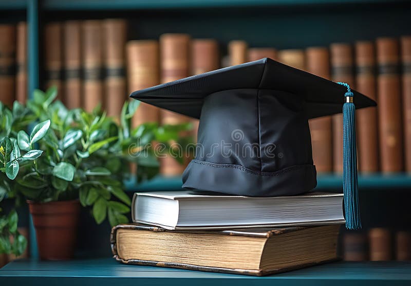 Graduation Cap Resting on Stack of Books in Front of Library Background ...