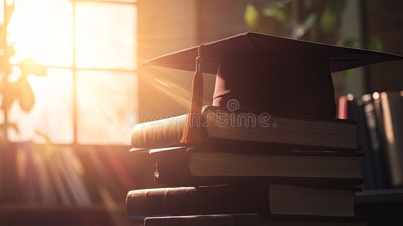 Graduation Cap Resting on Stack of Books, Sunlight Flare. Stock Photo ...