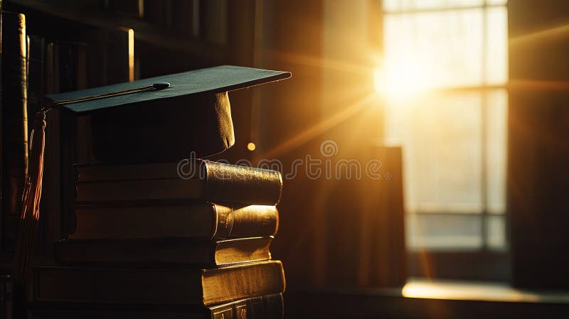 Graduation Cap Resting on Stack of Books, Sunlight Flare. Stock Image ...