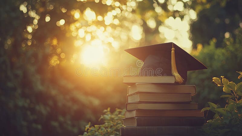 Graduation Cap Resting on Stack of Books, Sunlight Flare. Stock Image ...